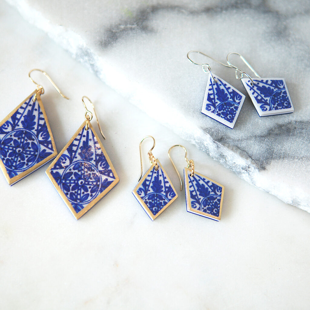Sapphire blue INK diamond rhombus shape earrings – rose gold, gold or ...